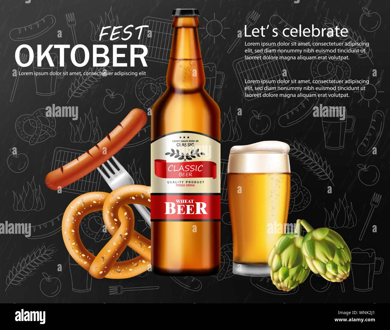 October fest poster Vector realistic. Beer, pretzel, grill sausage food ...