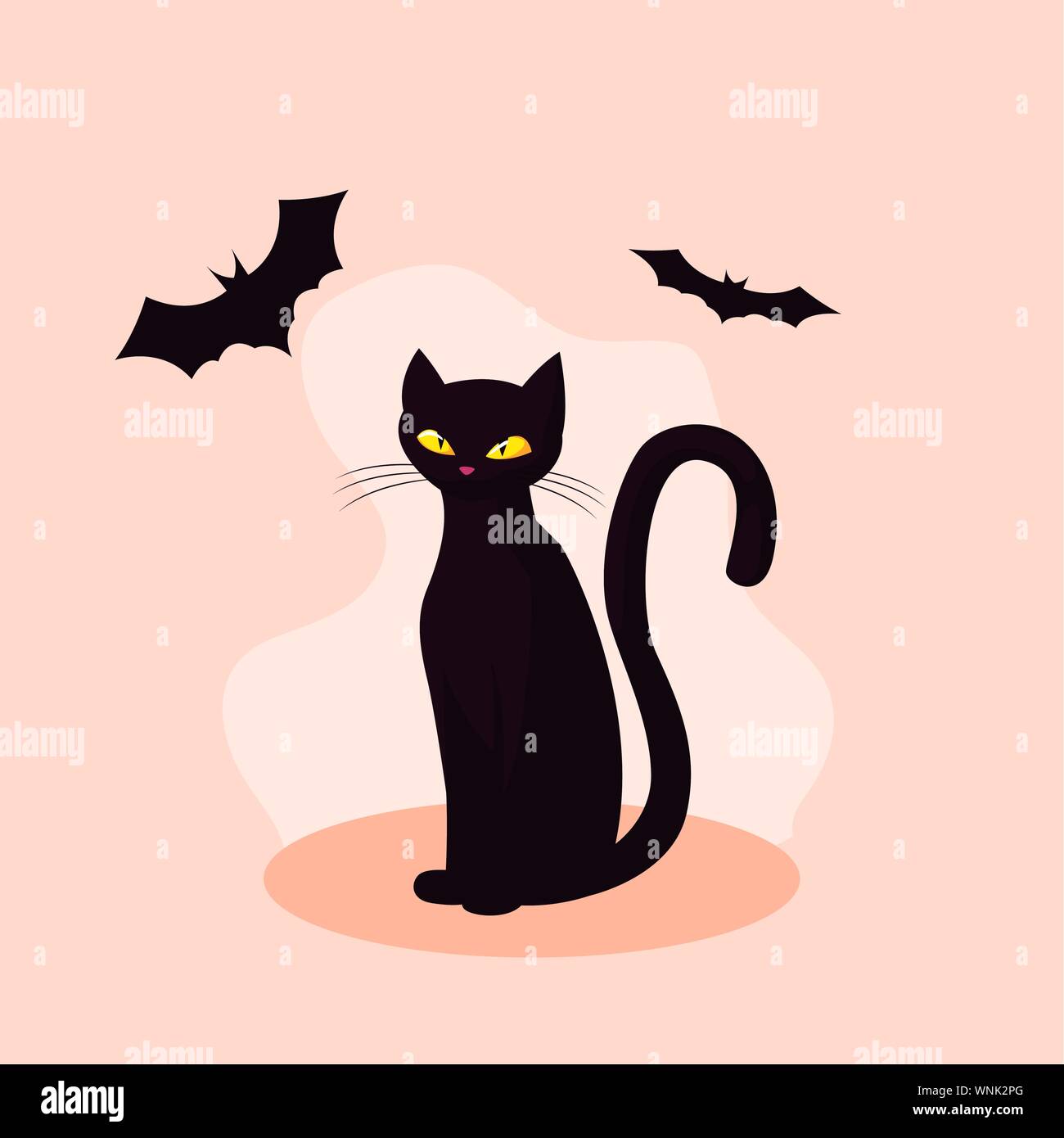 cat feline animal of halloween with bats flying vector illustration ...