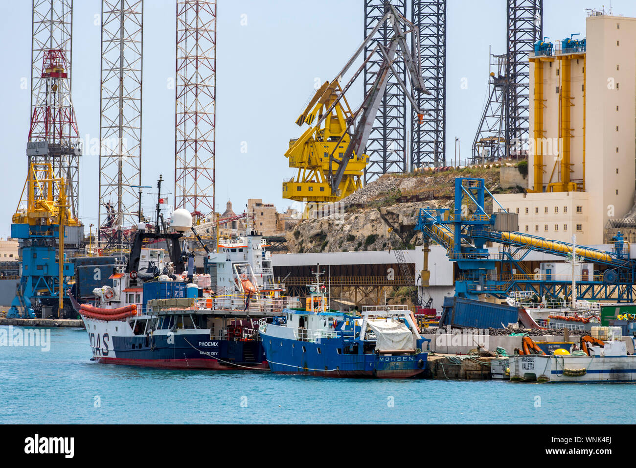 Malta, Grand Harbour, port with shipyards, docks, workshops for ships ...