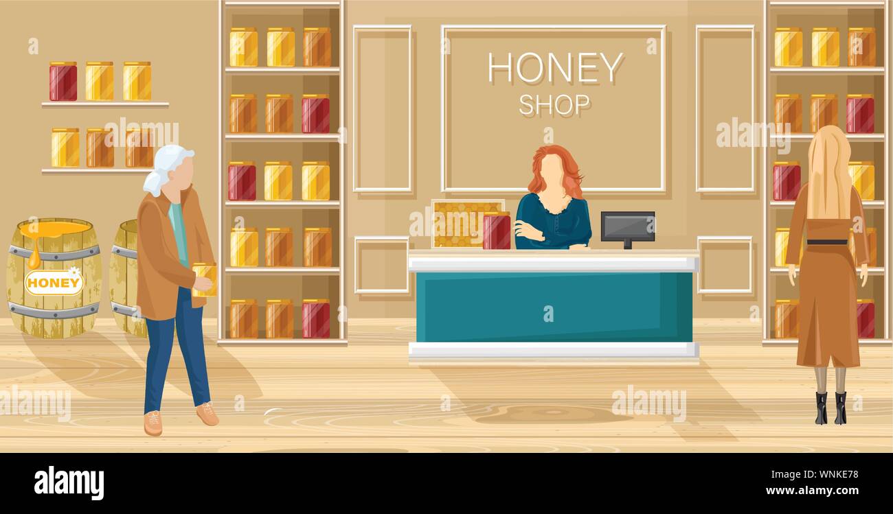 Honey shop Vector flat style. Women buying honey template Stock Vector ...