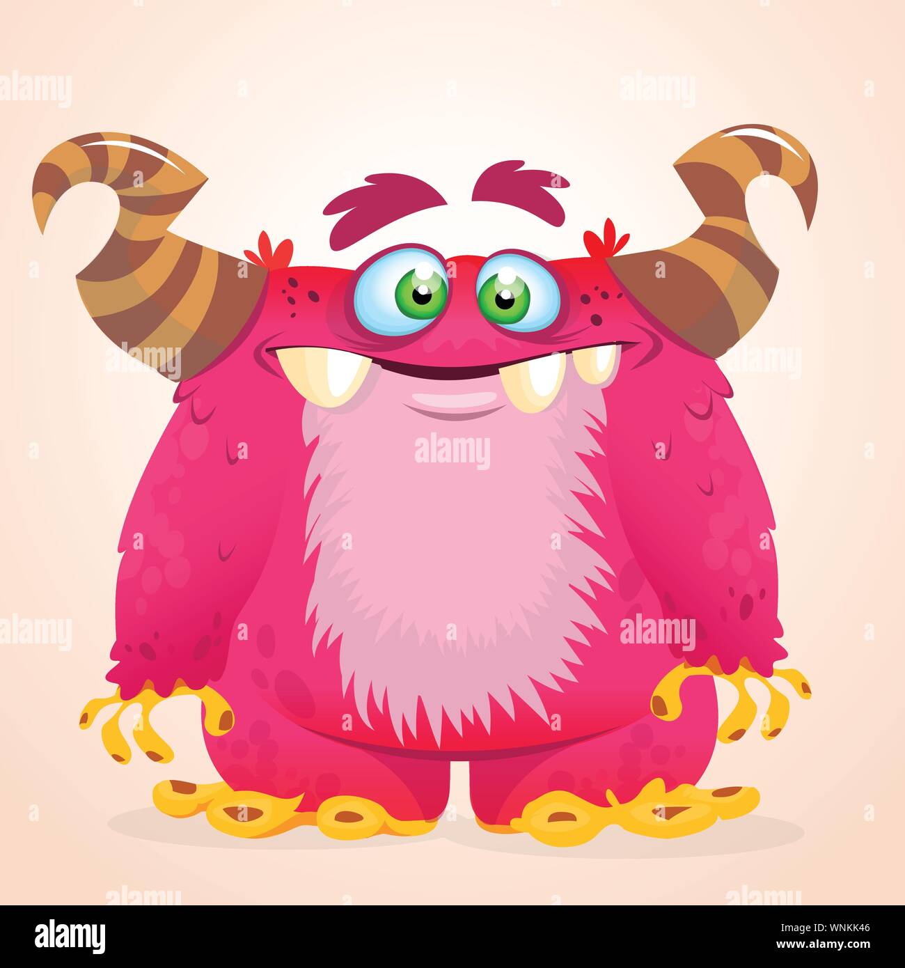 Happy cartoon monster. Halloween vector horned monster smiling ...