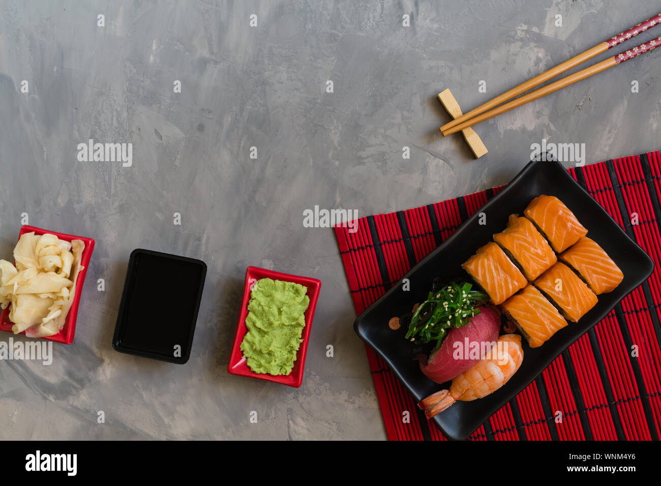 Top view on traditional japanese empty with sushi, ginger, soy sauce ...