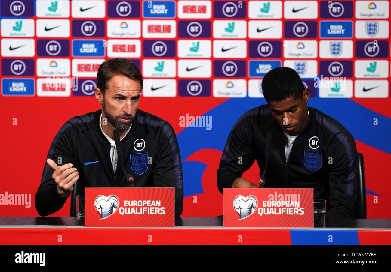 England manager Gareth Southgate (left) and Marcus Rashford during a ...