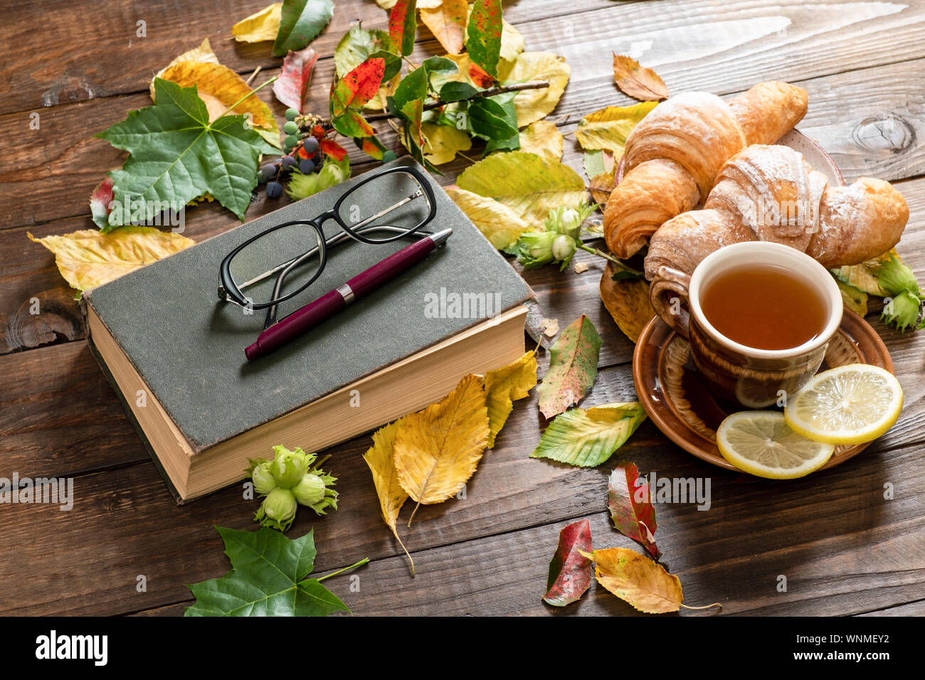 Book, pencil, glasses, cup of tea and fallen leaves on wooden table ...