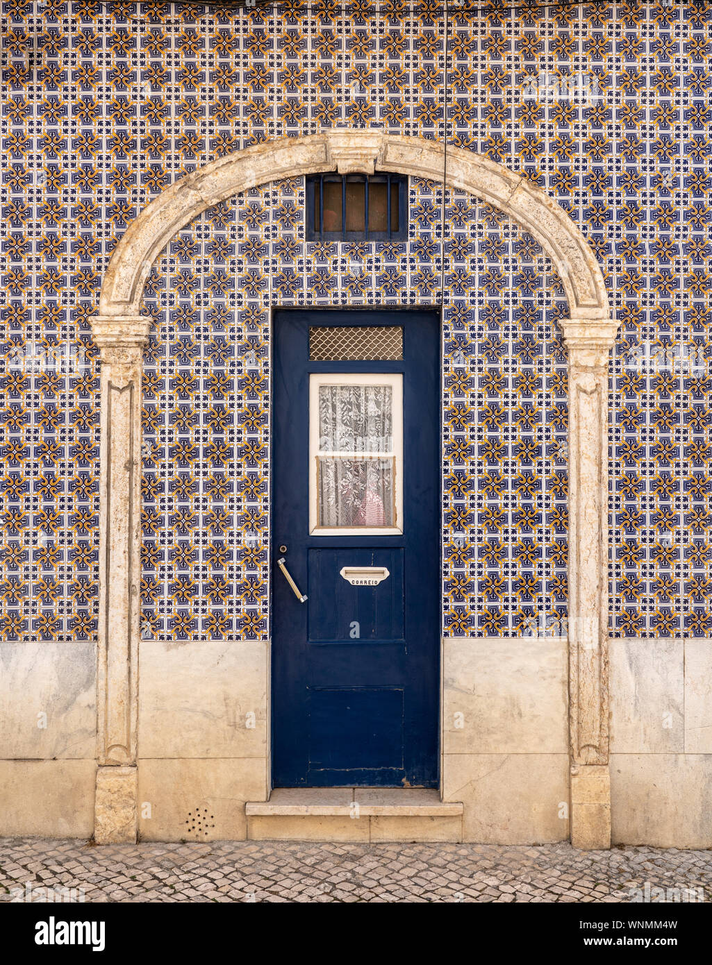 Traditional ceramic tiles decorate exterior of large house in Lisbon ...
