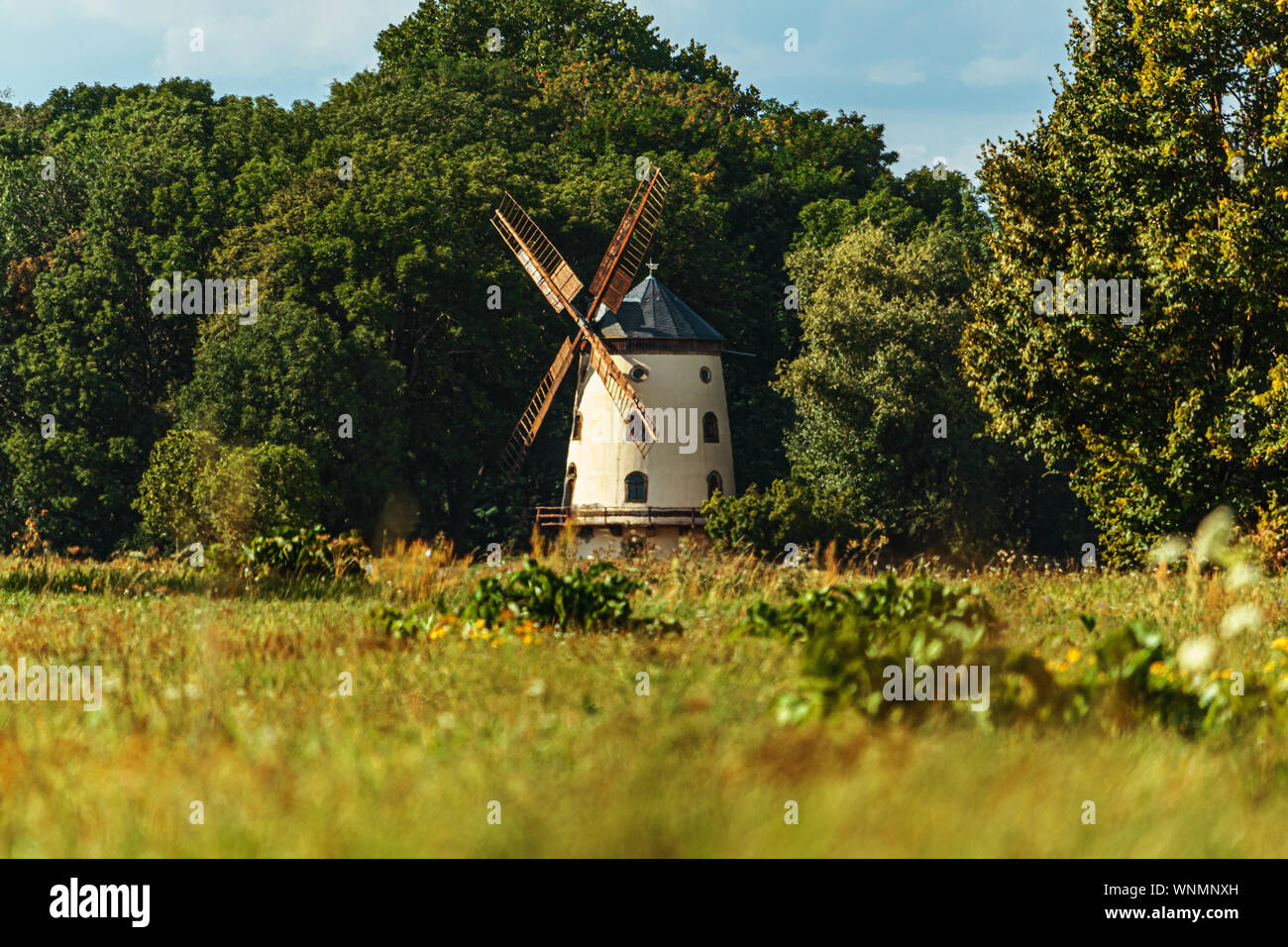 Scenic view of a windmill in the summer time in front of a small ...