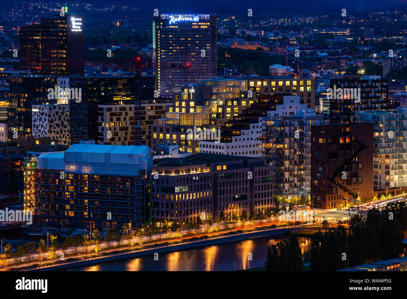 View of the Barcode Project in Oslo by night Stock Photo - Alamy