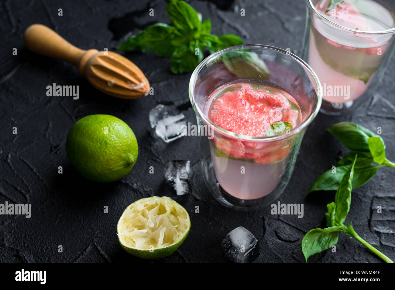 Summer fresh fruit flavored infused water mix of watermelon, lime and ...
