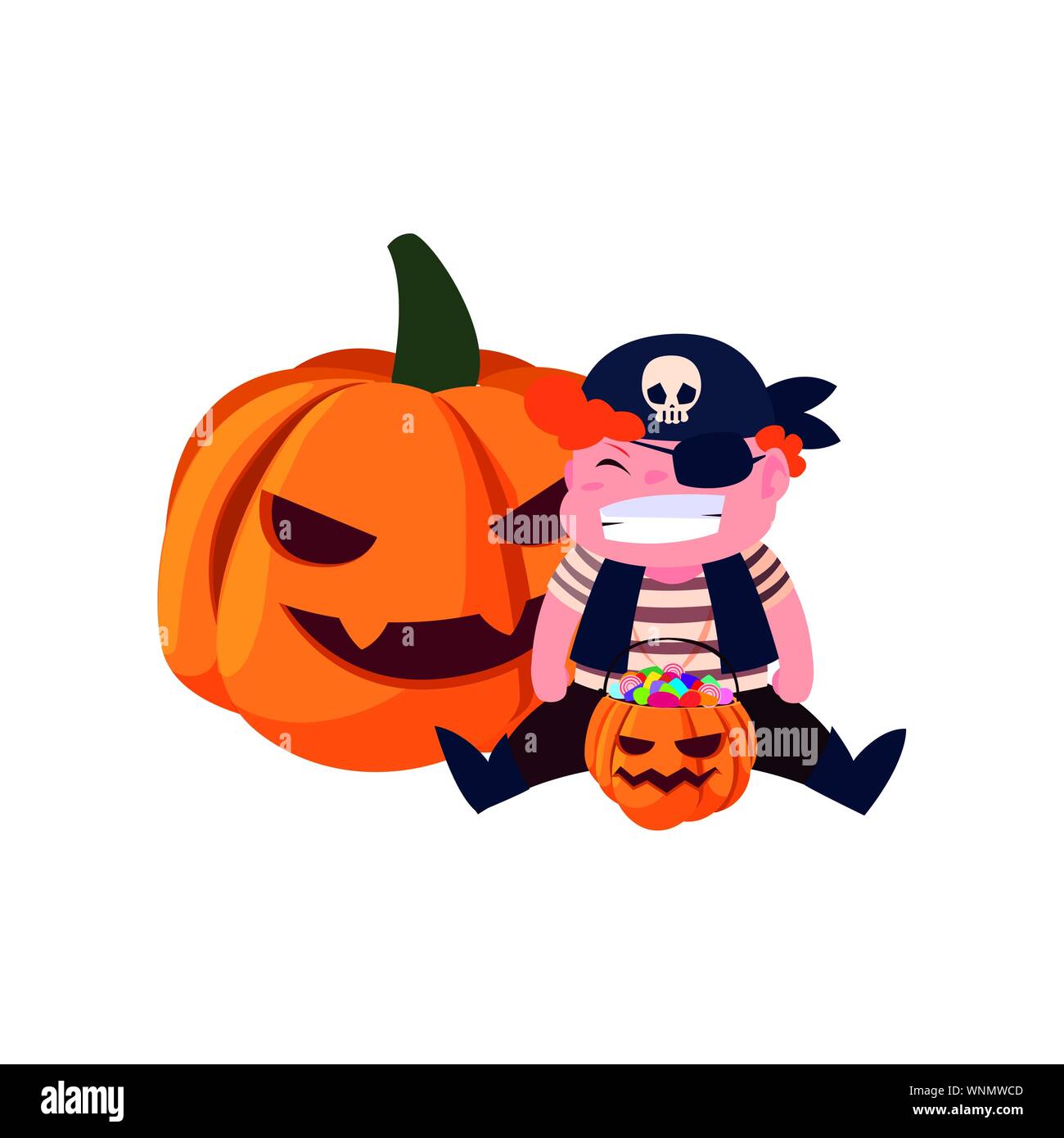 boy in halloween pirate costume and pumpkin candies vector illustration ...