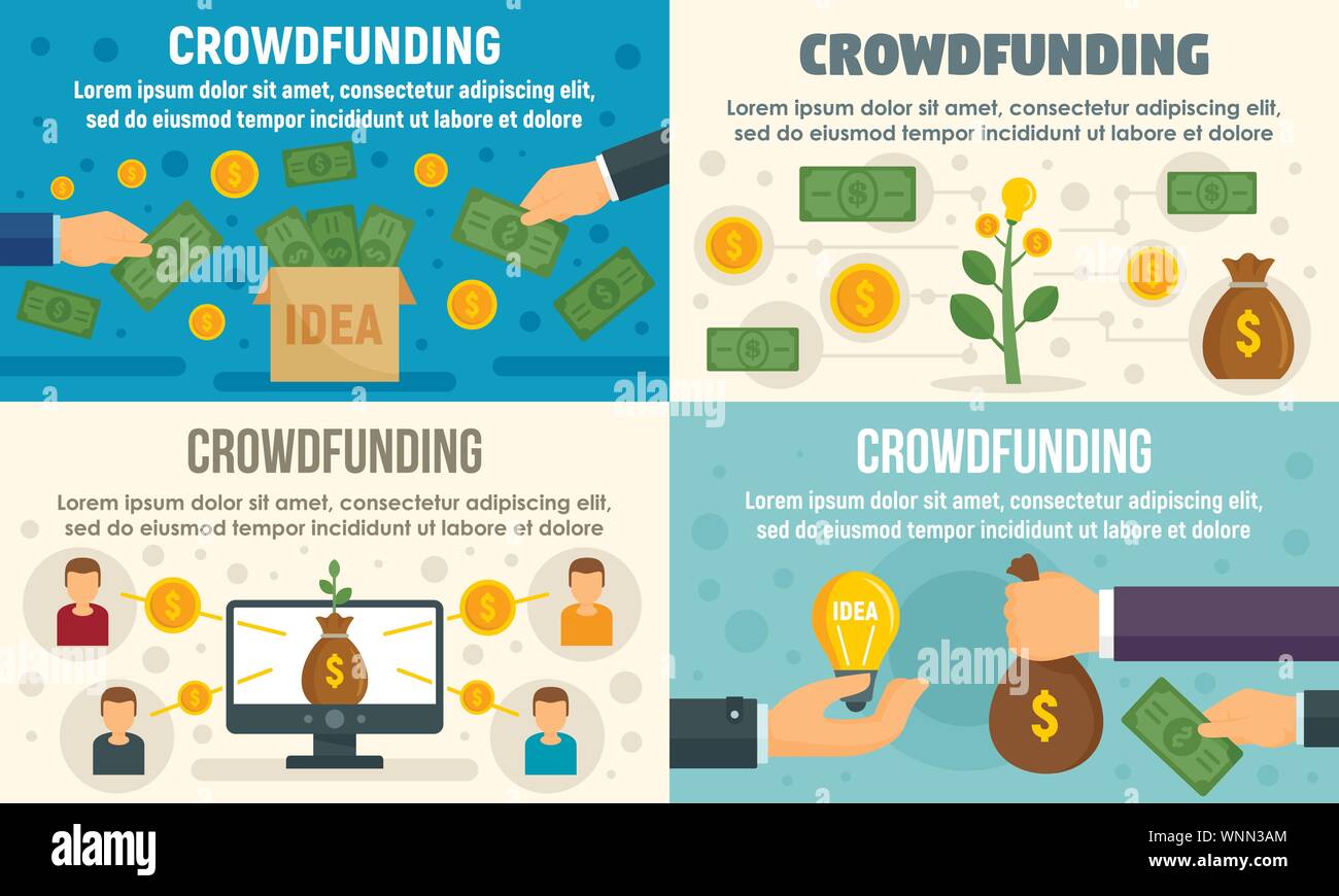 Crowdfunding invest banner set. Flat illustration of crowdfunding ...