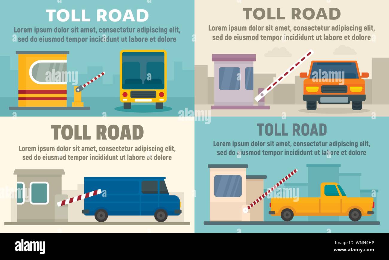 Toll road station banner set. Flat illustration of toll road station ...