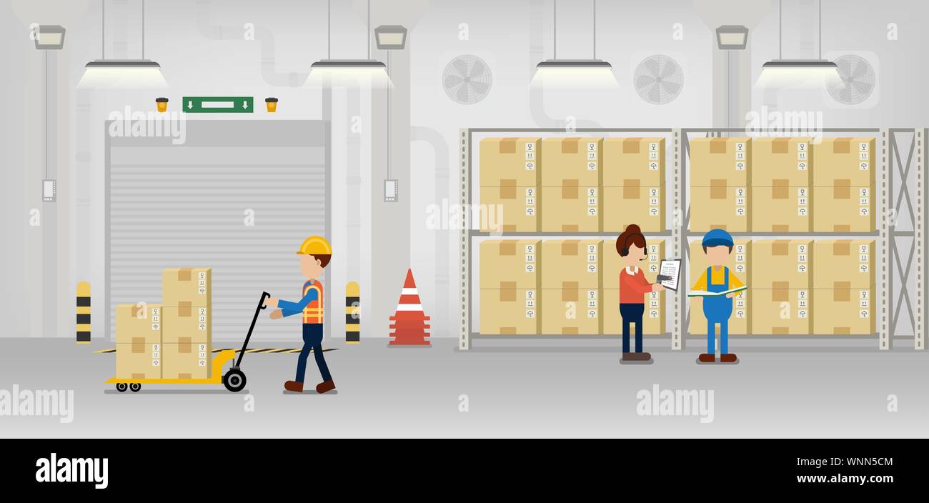 Warehouse in process with workers working flat design vector ...