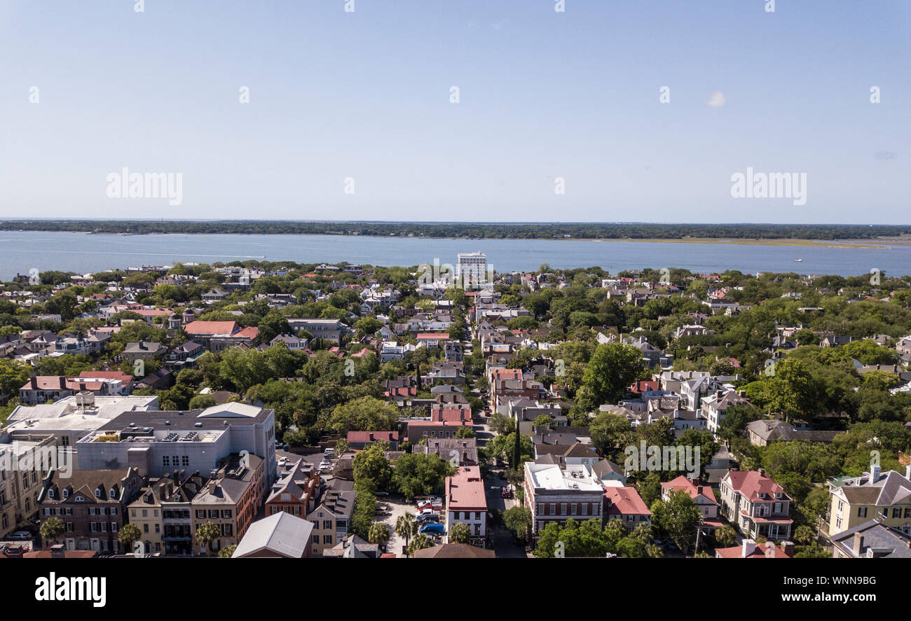 Aerial view of the downtown historic area of Charelston, South Carolina ...