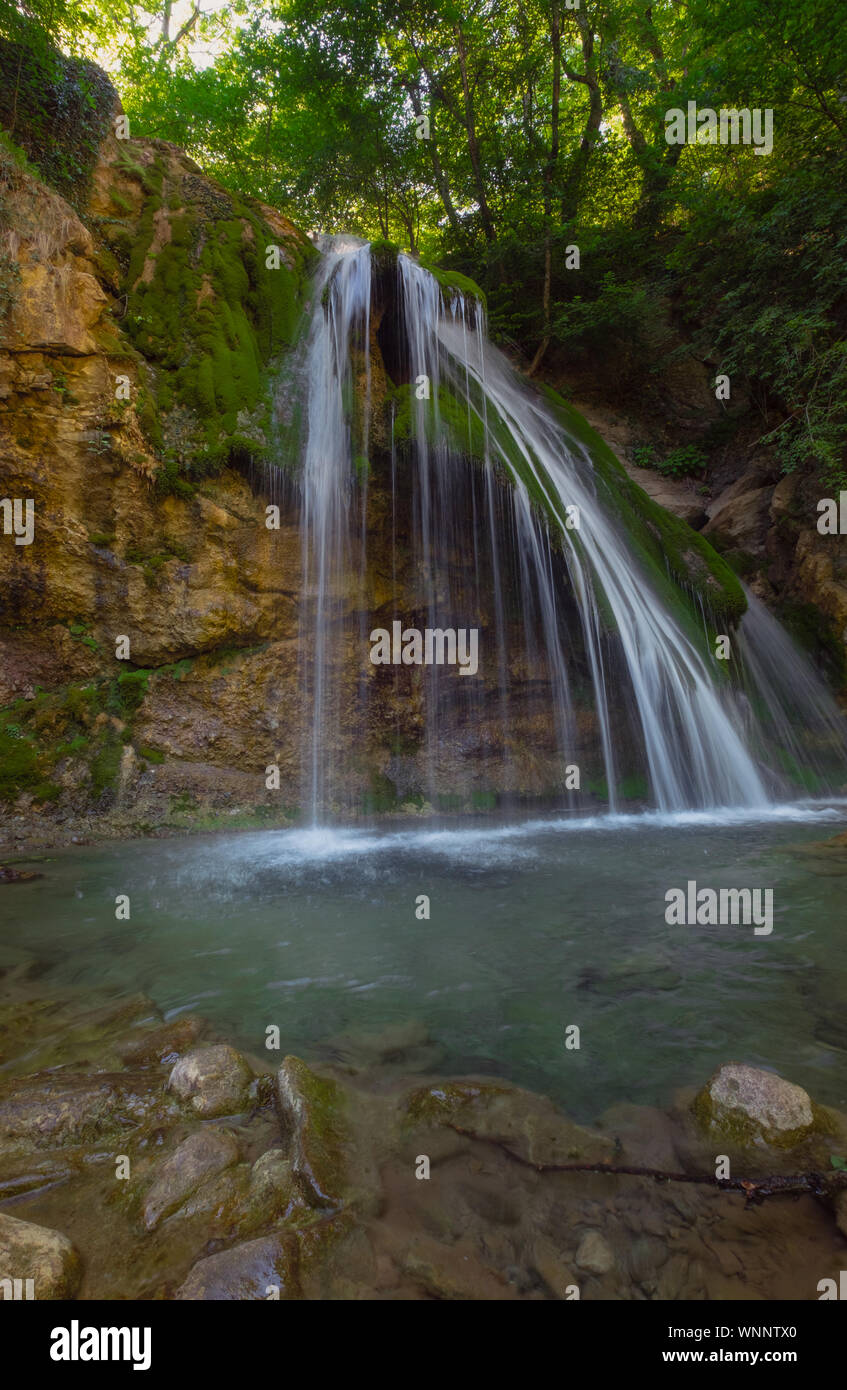 Mountain River with, forest landscape. Tranquil waterfall scenery in ...