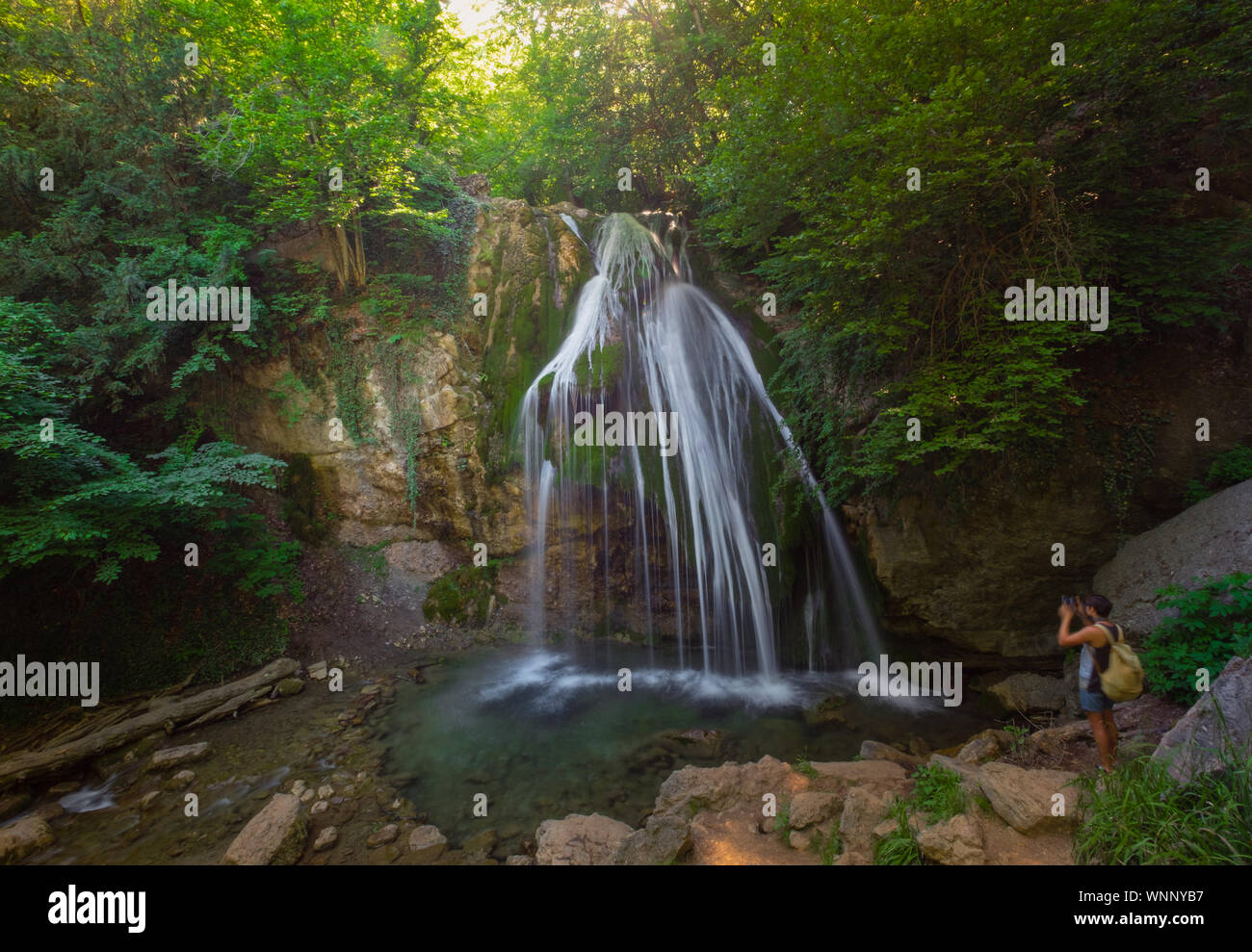 Mountain River with, forest landscape. Tranquil waterfall scenery in ...