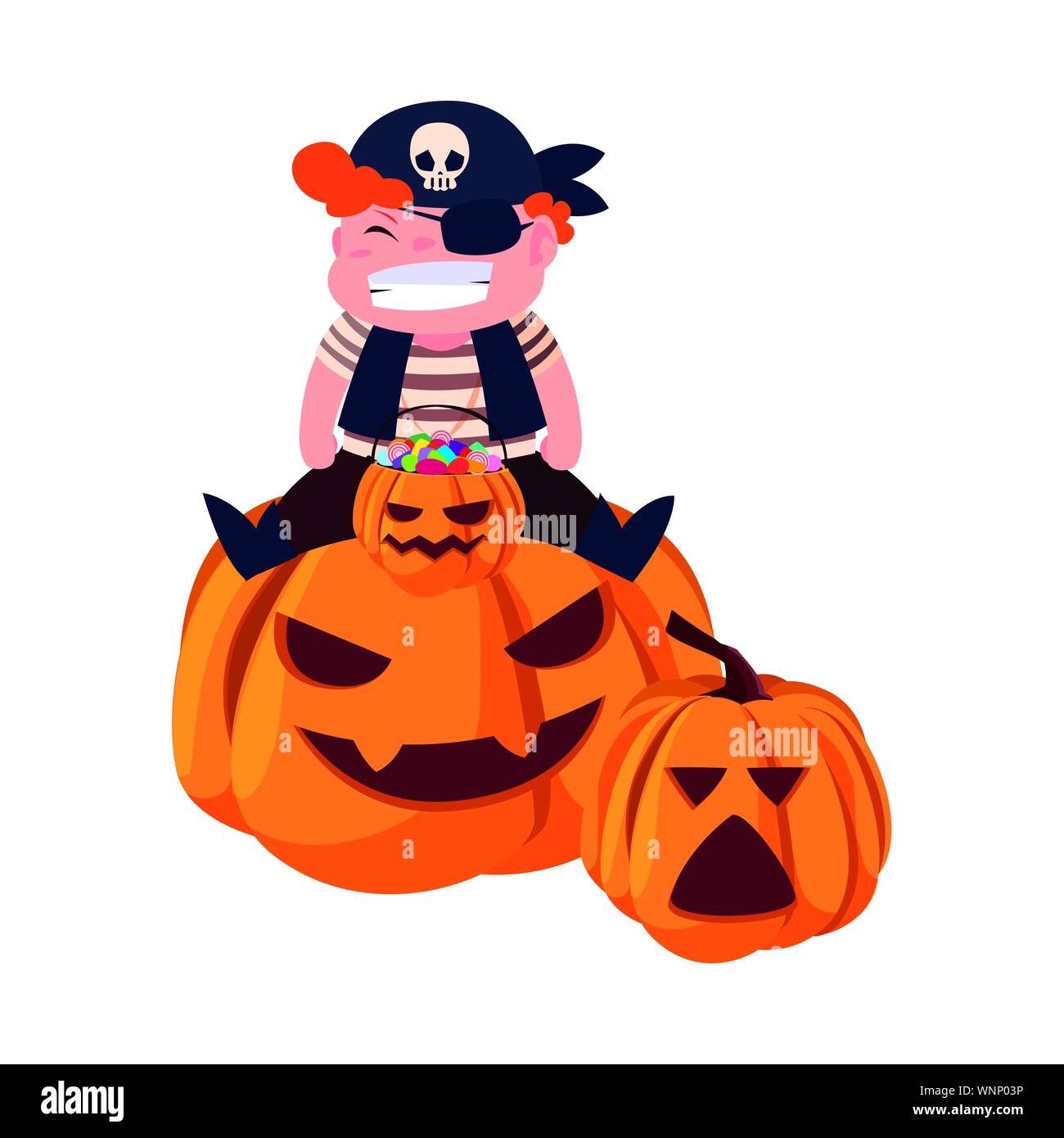 boy in halloween pirate costume and pumpkin vector illustration Stock ...