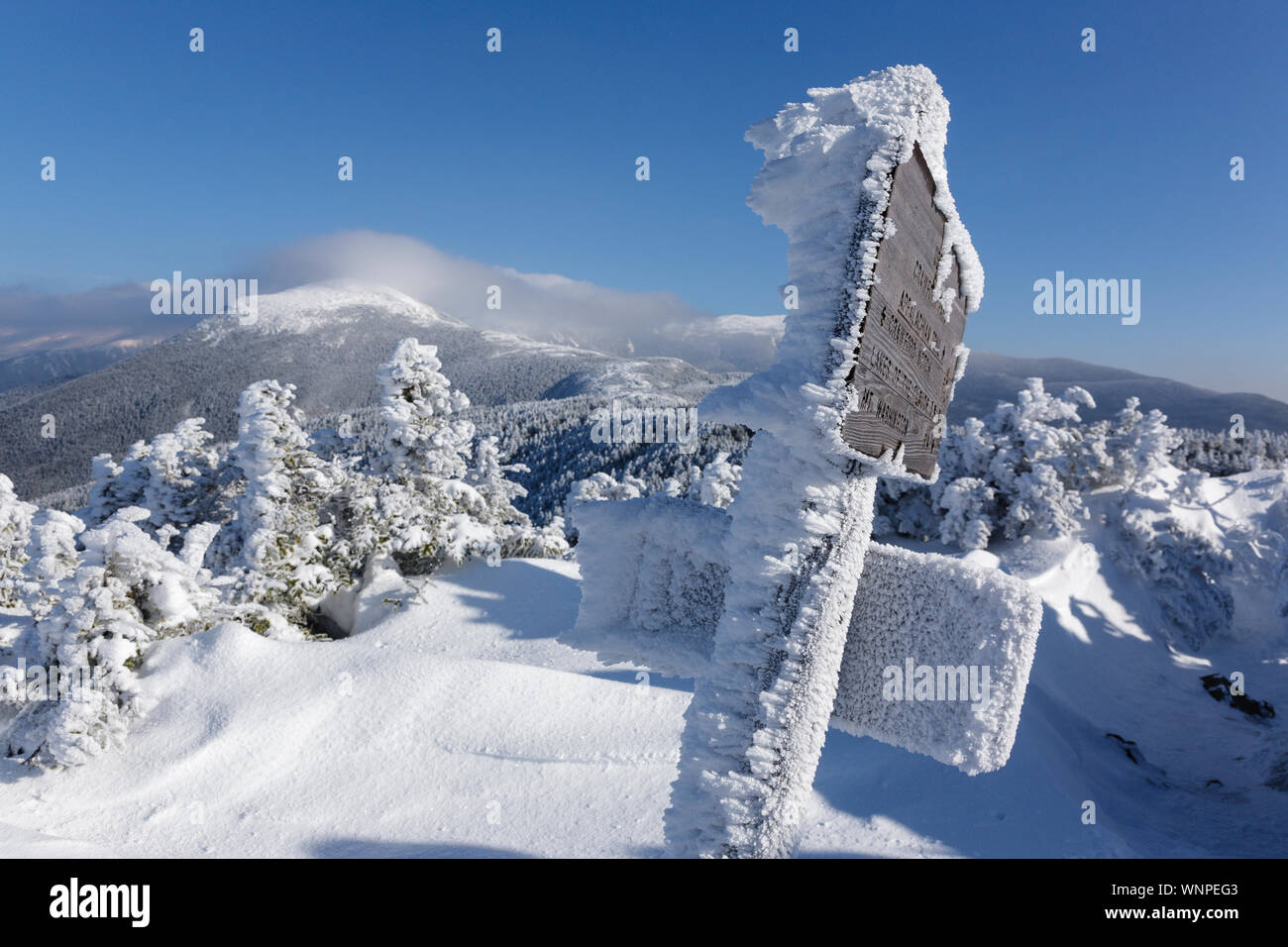 Crawford Path (Appalachian Trail) trail sign, near Mount Pierce, in the ...