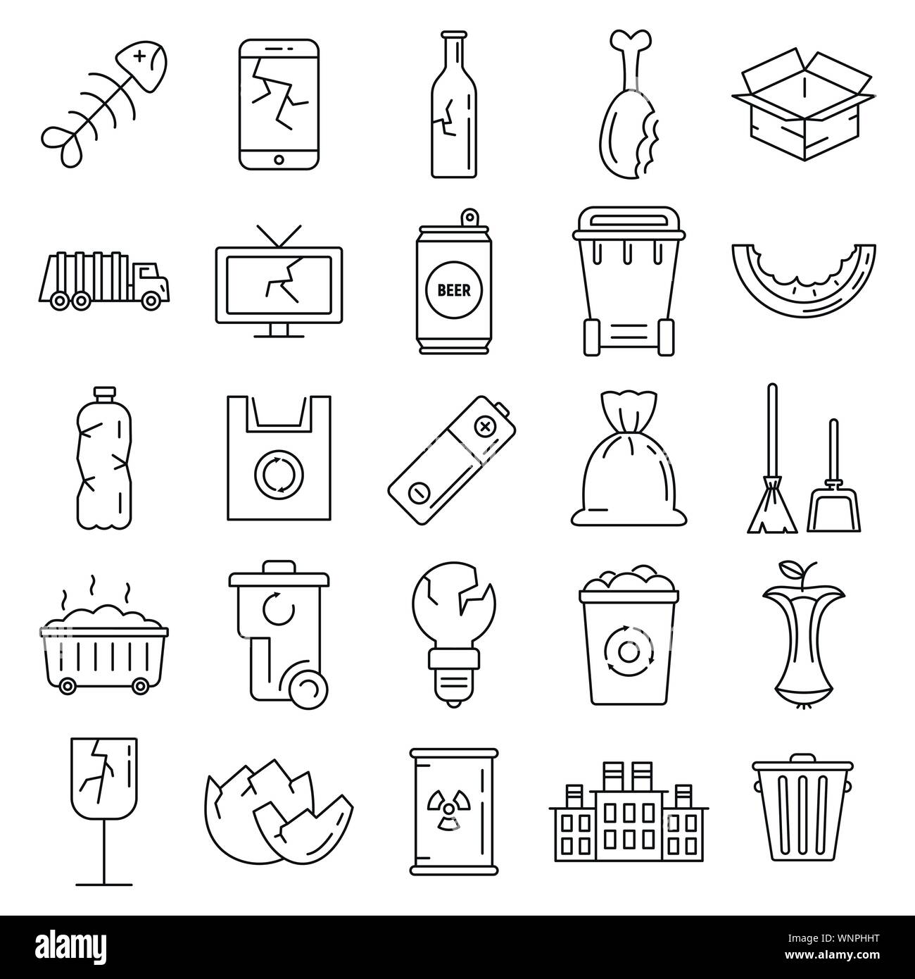 Garbage rubbish icons set. Outline set of garbage rubbish vector icons ...