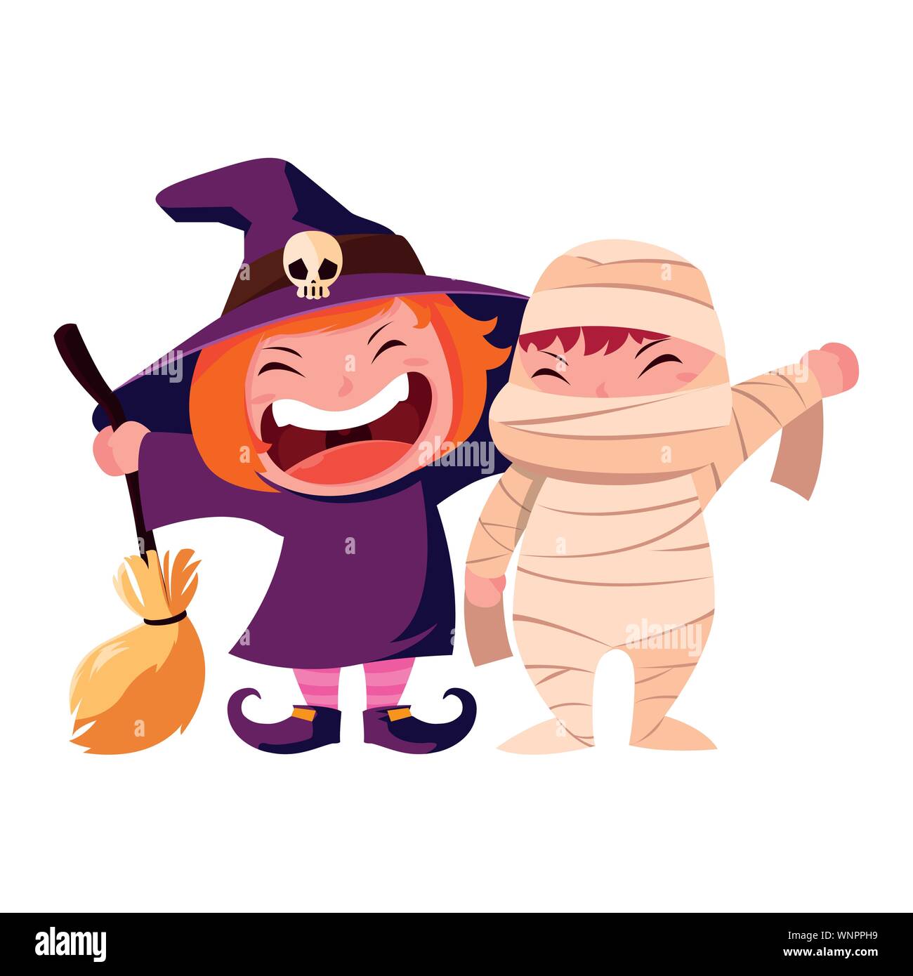 girl witch and mummy boy costume halloween vector illustration Stock ...