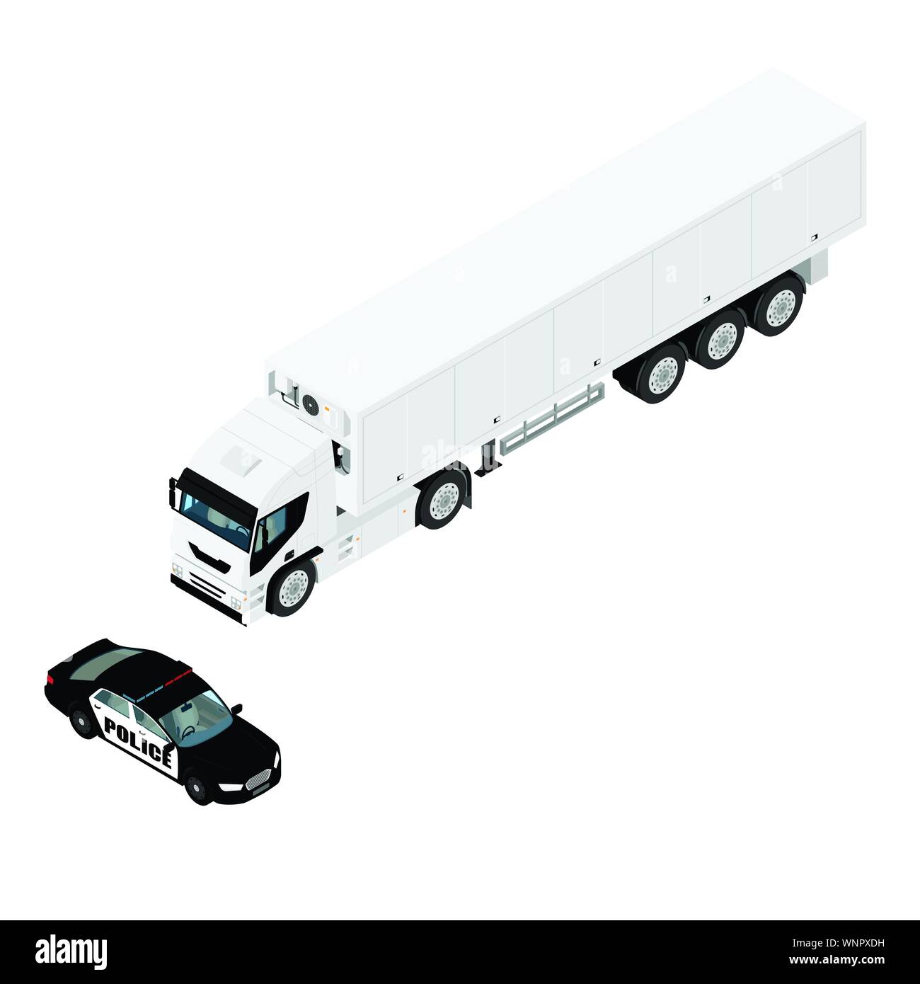 Police car stopped refrigerated cargo truck hauling goods. Isolated on ...