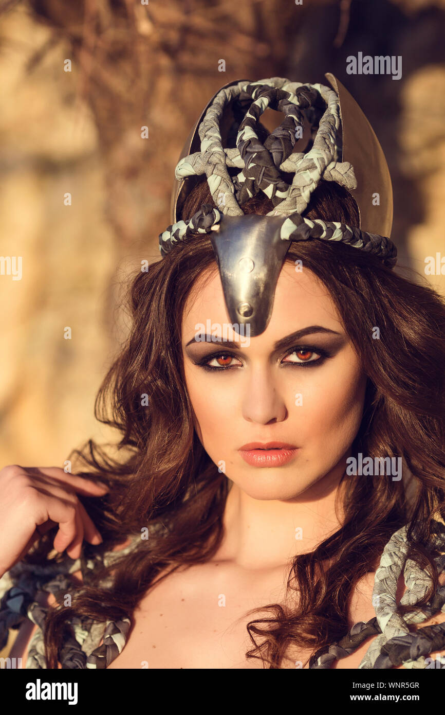 Warrior woman. Fantasy fashion idea. beautiful girl in armor. Portrait ...