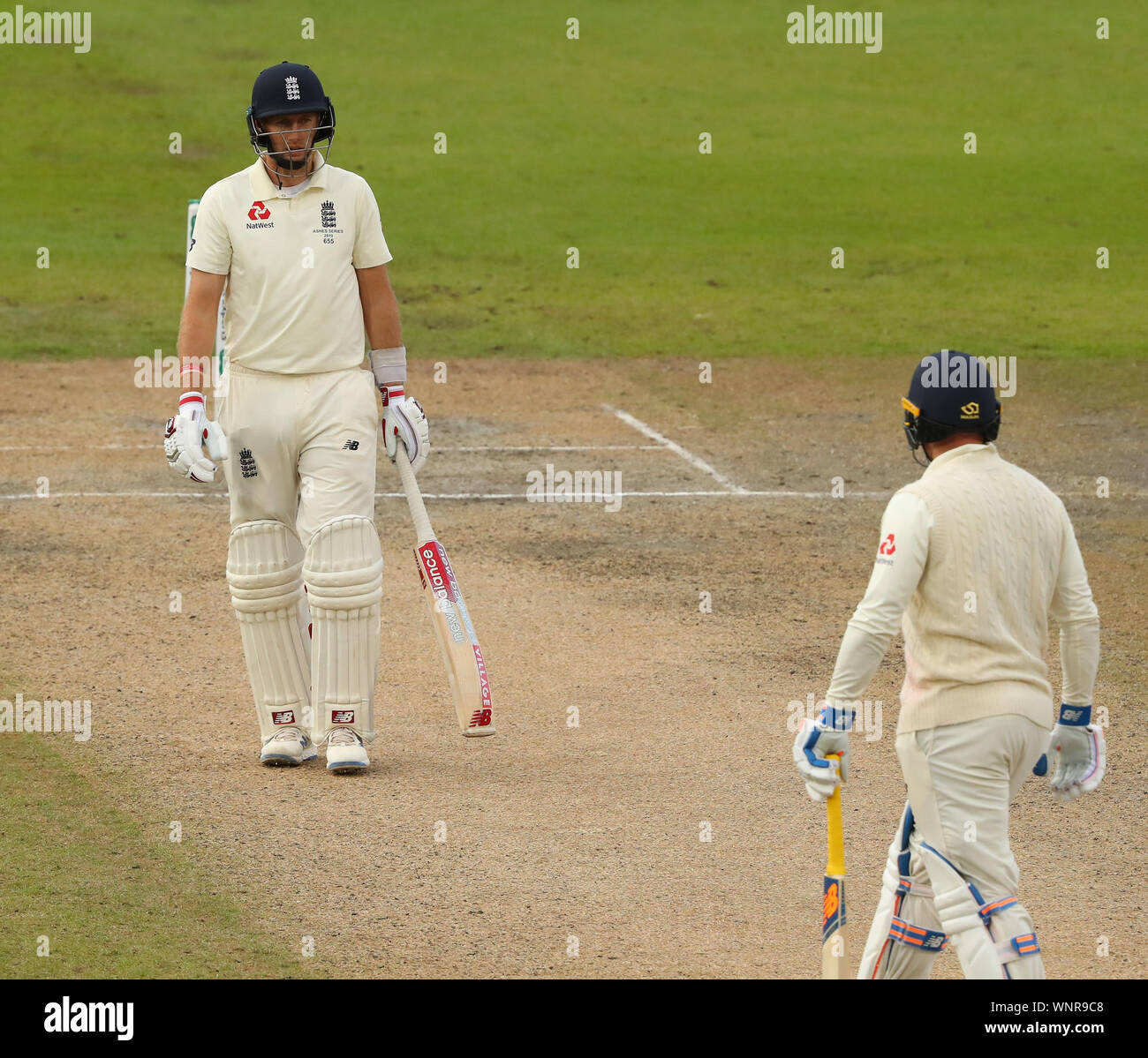 Manchester, UK. 06th Sep, 2019. Joe Root looks at Jason Roy of England ...