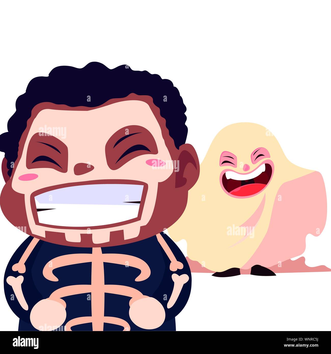 laughing boys in halloween ghost and skeleton costume vector ...