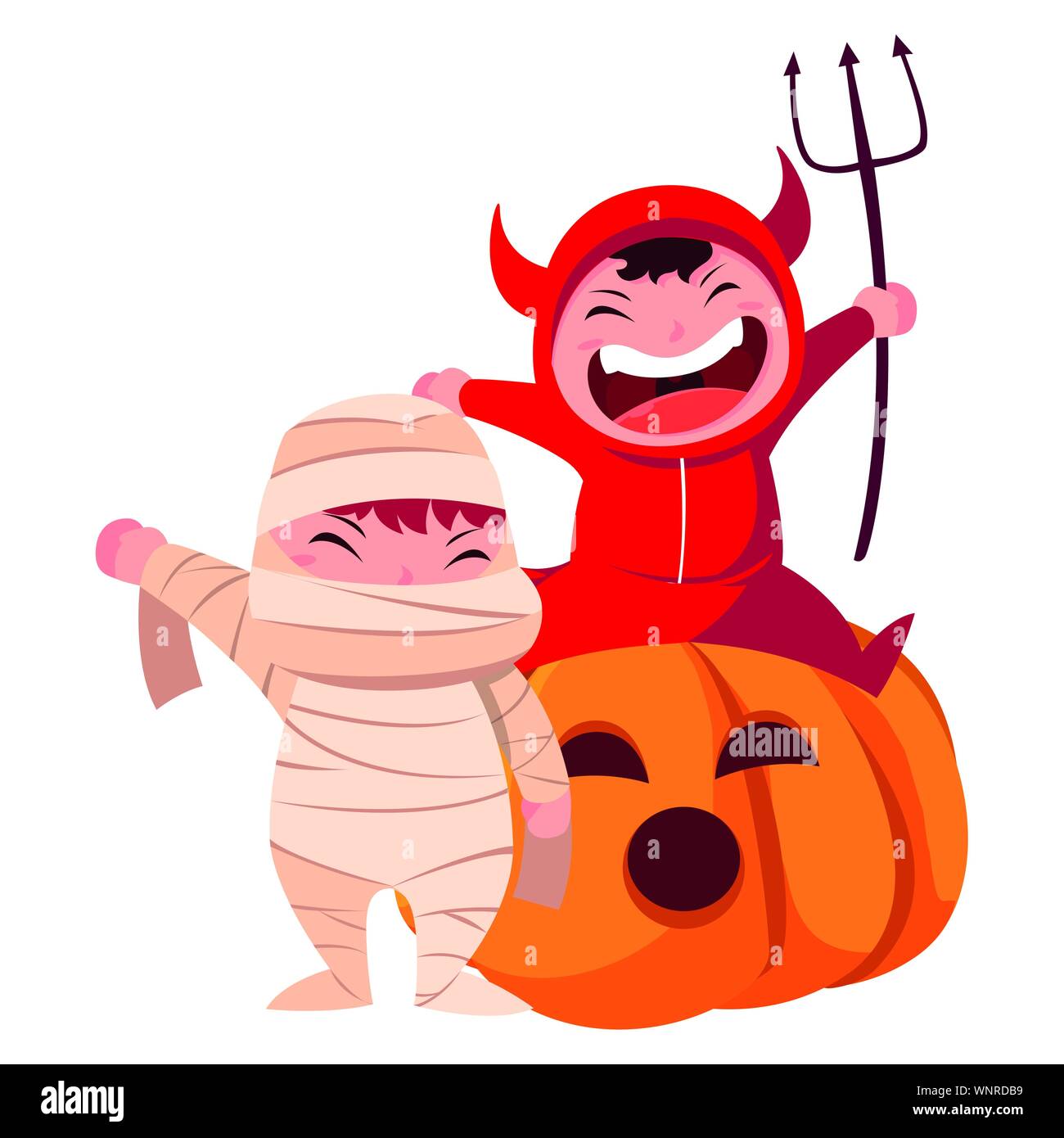 kids in halloween costumes with pumpkins vector illustration Stock ...