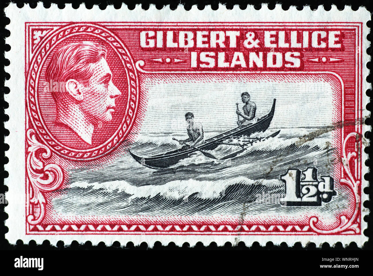 Fishermen on pirague in Pacific ocean, vintage stamp Stock Photo - Alamy