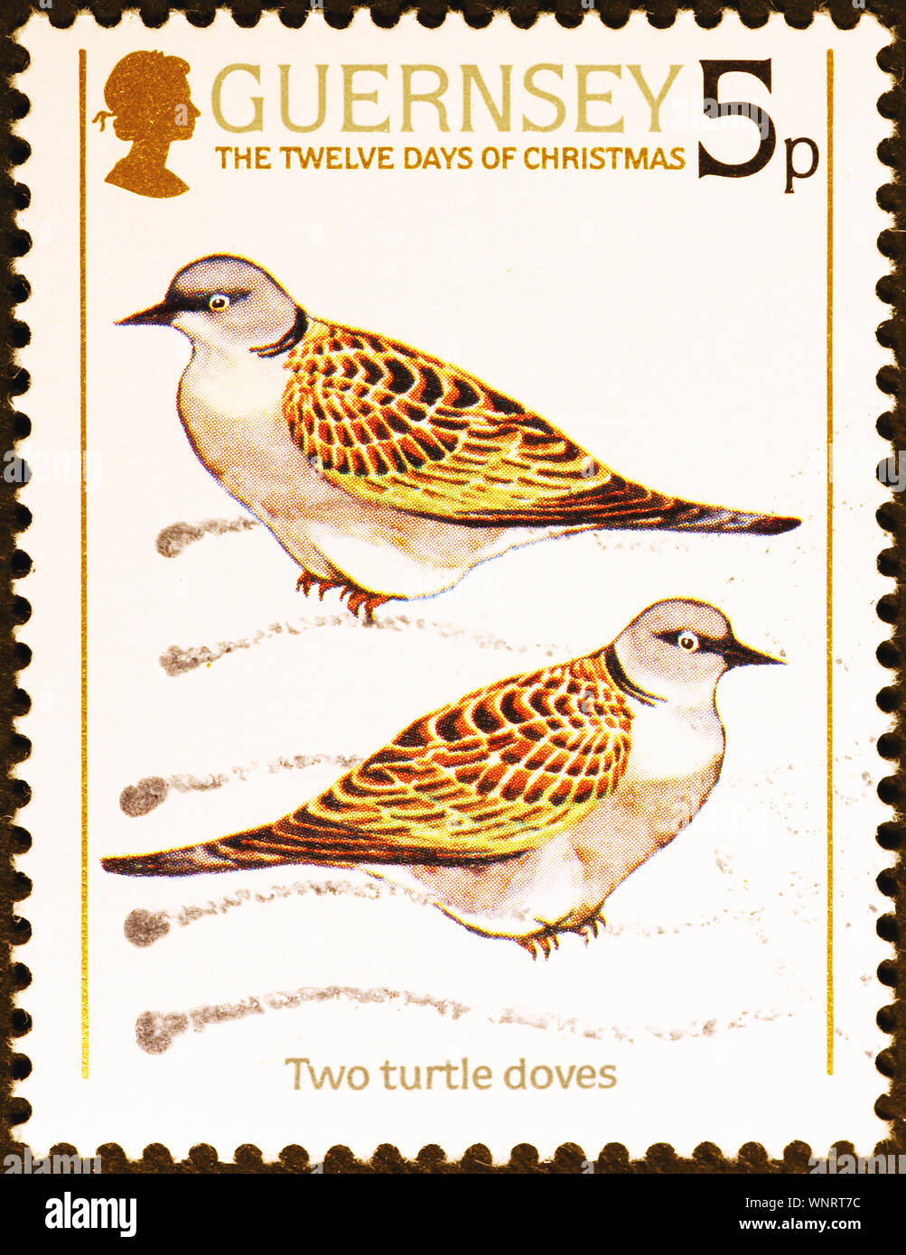 Twelve days of Christmas - 2 turtle doves on postage stamp of Guernsey ...
