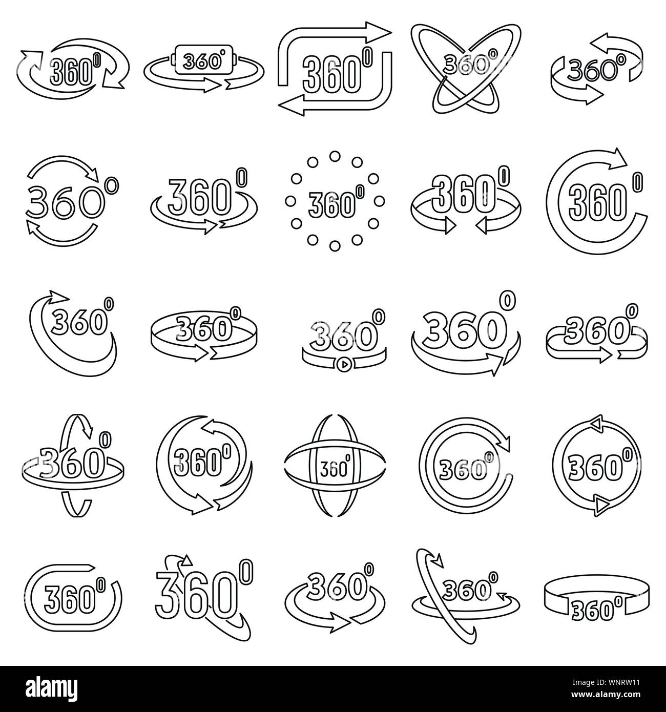 Virtual 360 degrees icons set. Outline set of virtual 360 degrees vector icons for web design ...