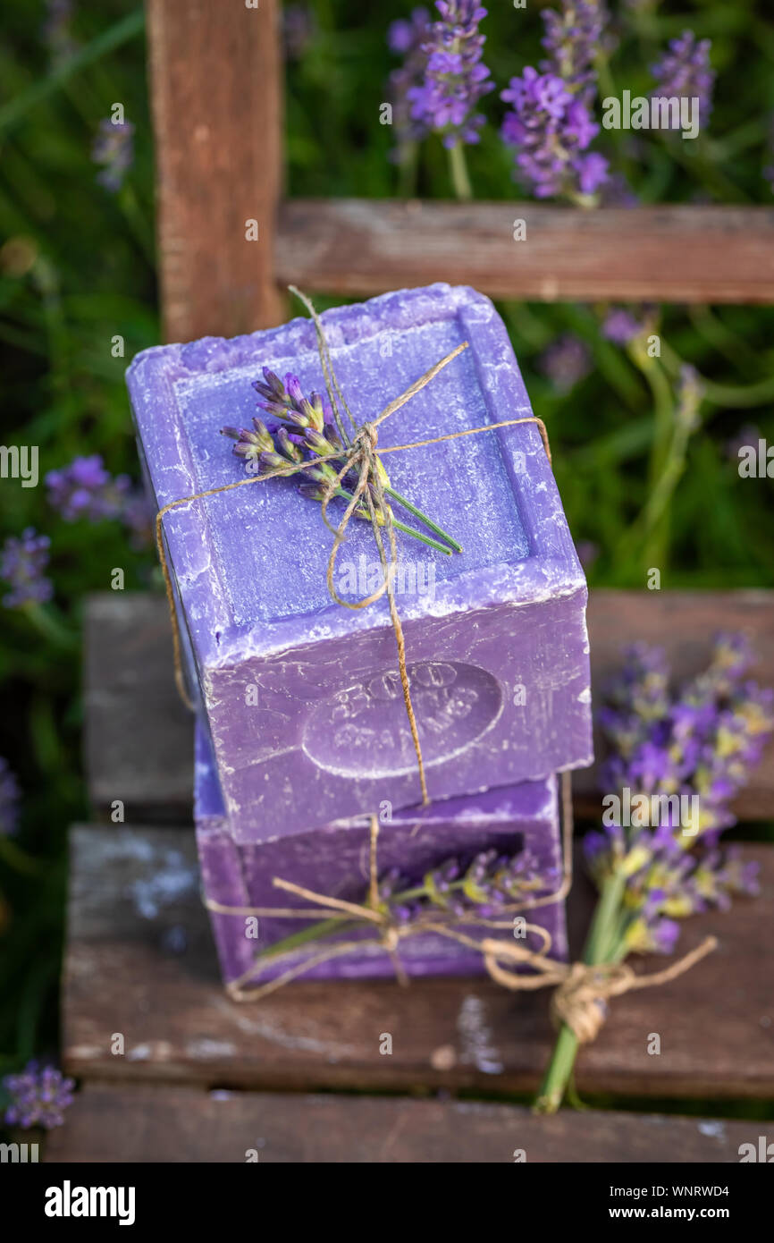 Handmade and aromatic lavender soap in summer garden Stock Photo - Alamy