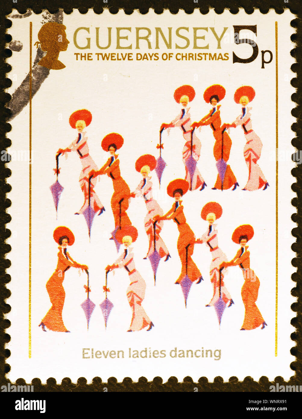 Twelve days of Christmas, 11 ladies dancing on postage stamp of ...
