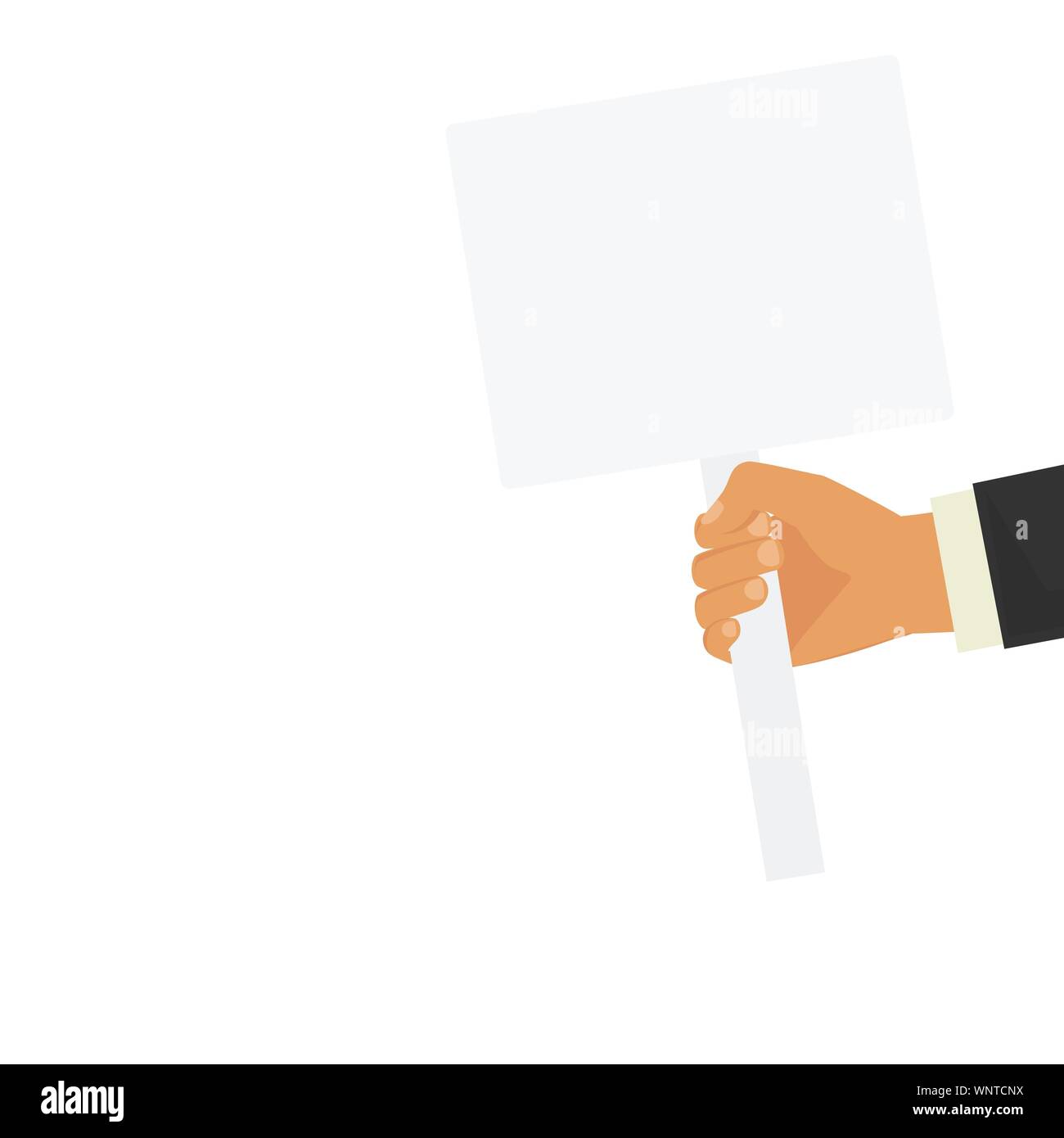 Hand holding blank banner mock up on wood stick isolated. Empty board ...