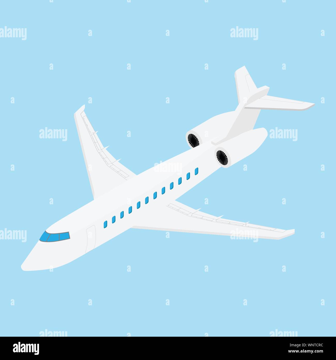 Flying Business jet airplane isolated on blue background isometric view ...