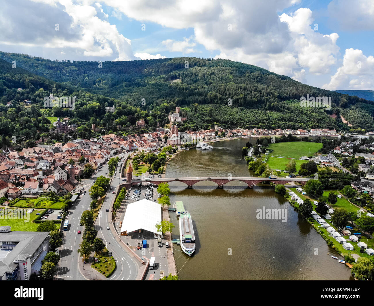 Aerial view on old german town Miltenberg am Main river, Castle, St ...