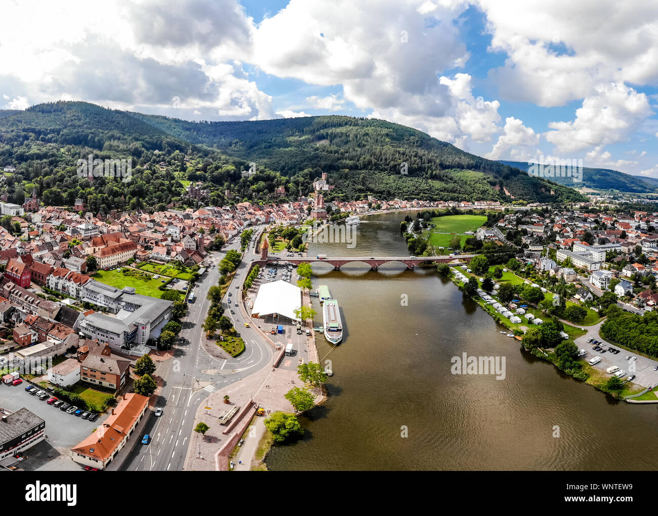 Aerial view on old german town Miltenberg am Main river, Castle, St ...