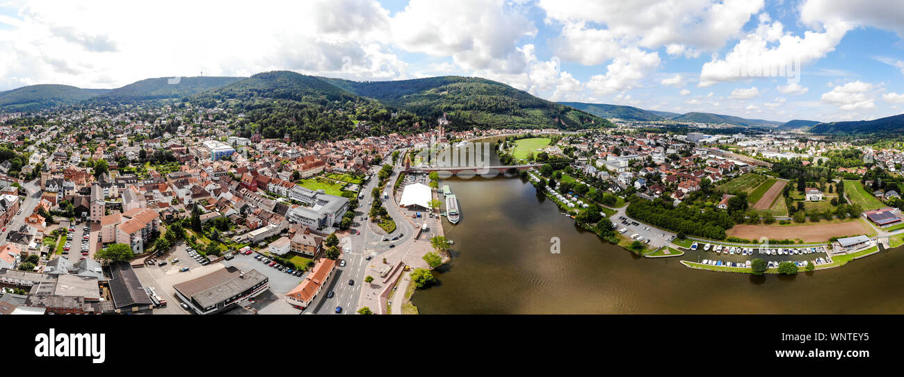 Aerial Panorama view on old german town Miltenberg am Main river ...