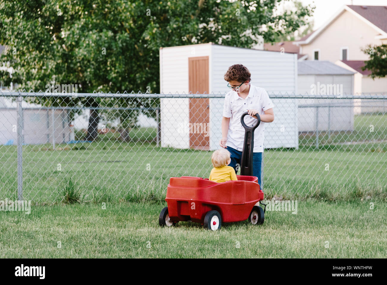 Tween pulling a toddler in a wagon in the backyard Stock Photo - Alamy