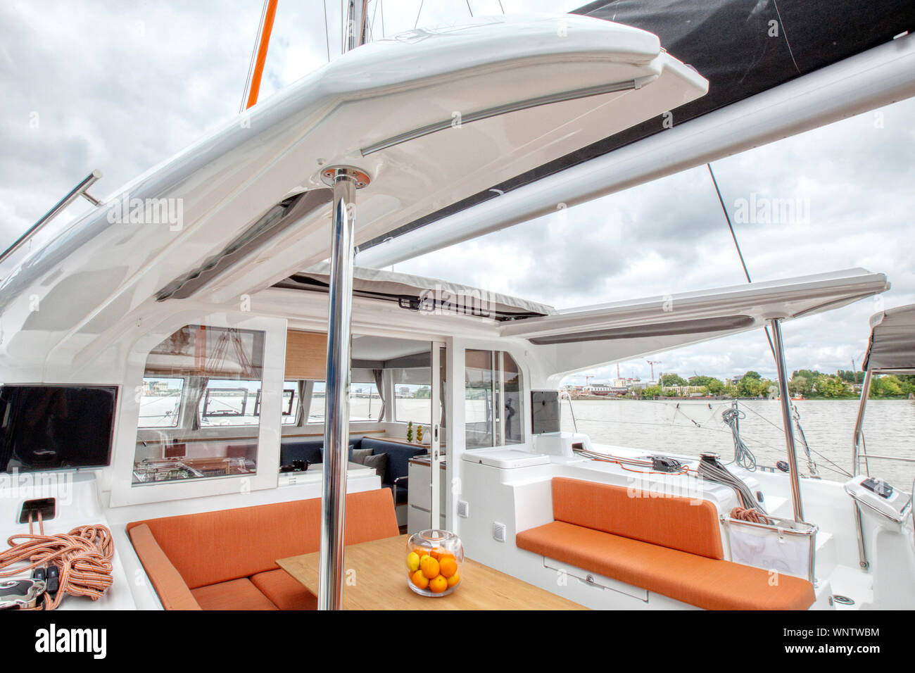 The cockpit area on a luxurious catamaran cruising on the Garonne river ...