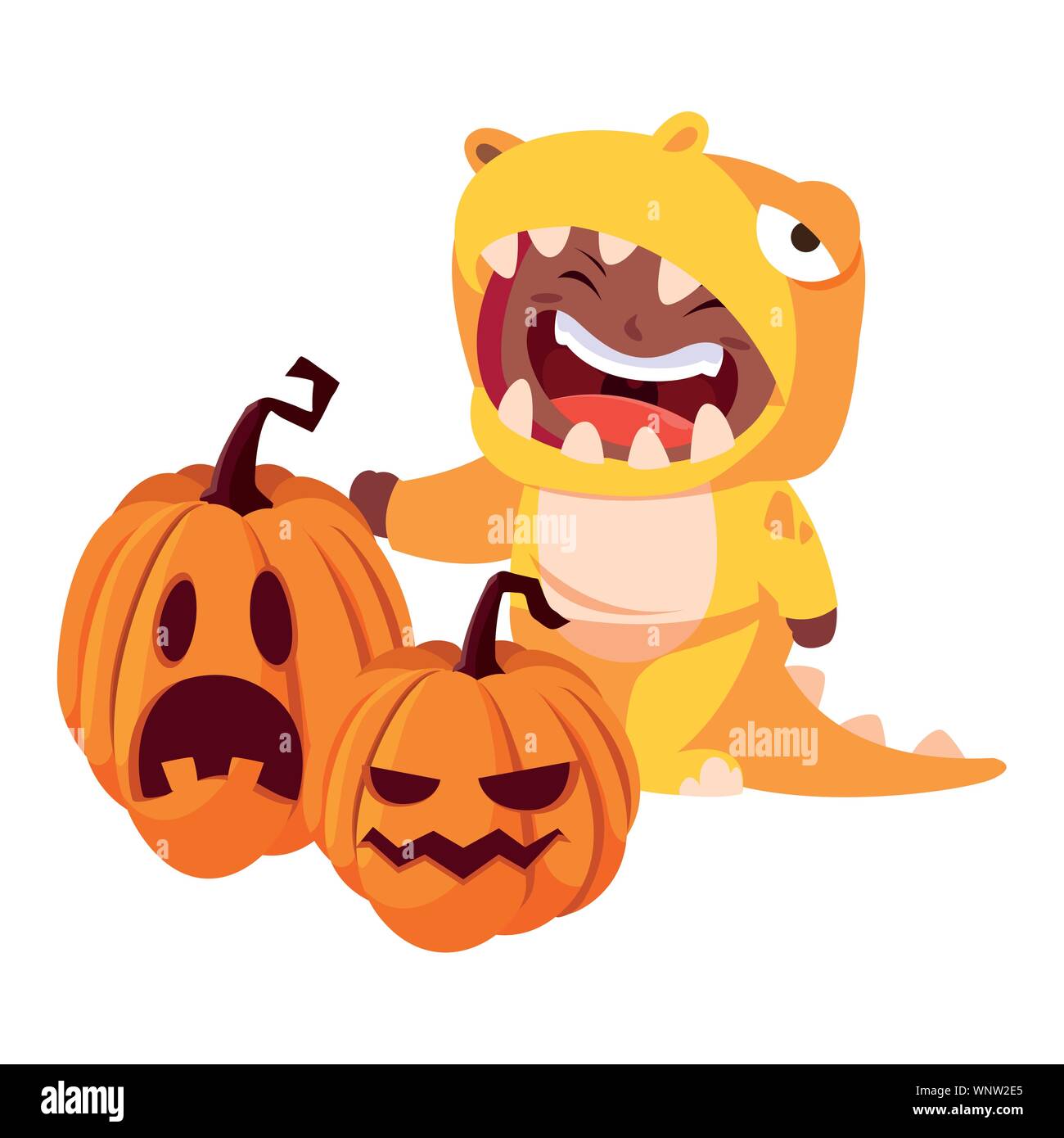 happy boy in halloween dinosaur costume vector illustration Stock ...