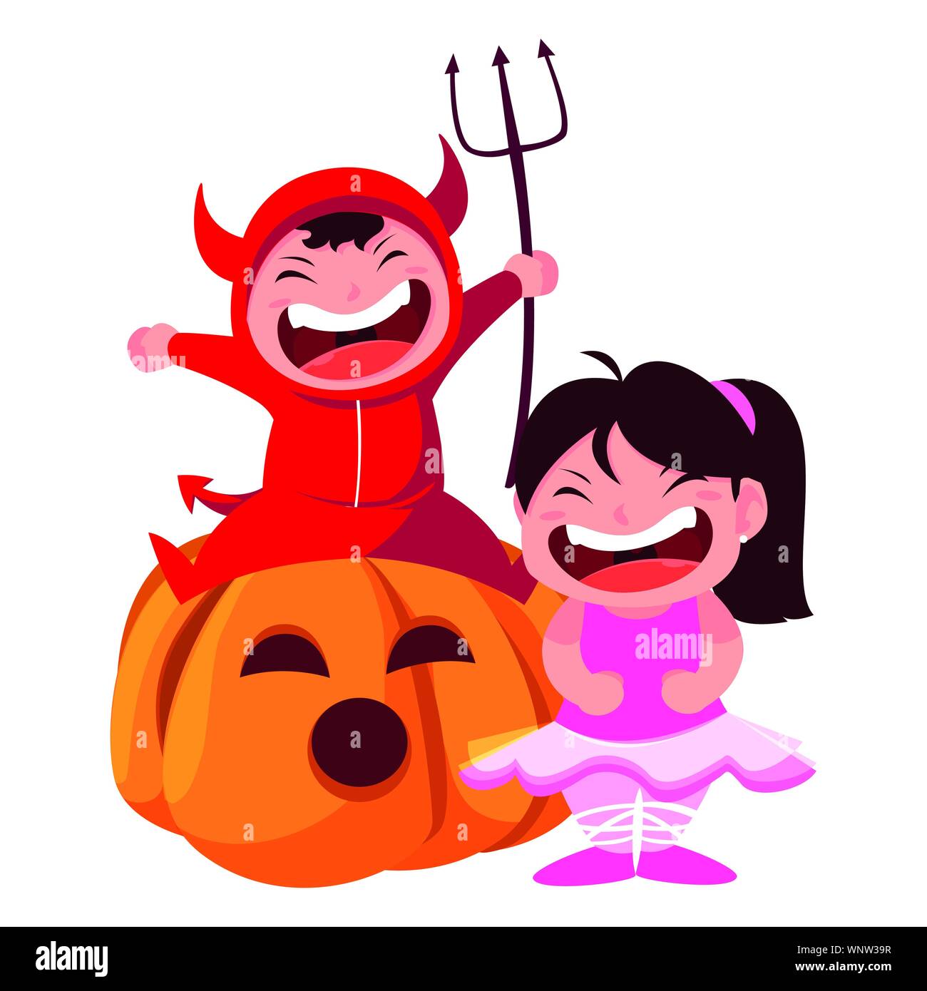 kids in halloween costumes with pumpkins vector illustration Stock ...