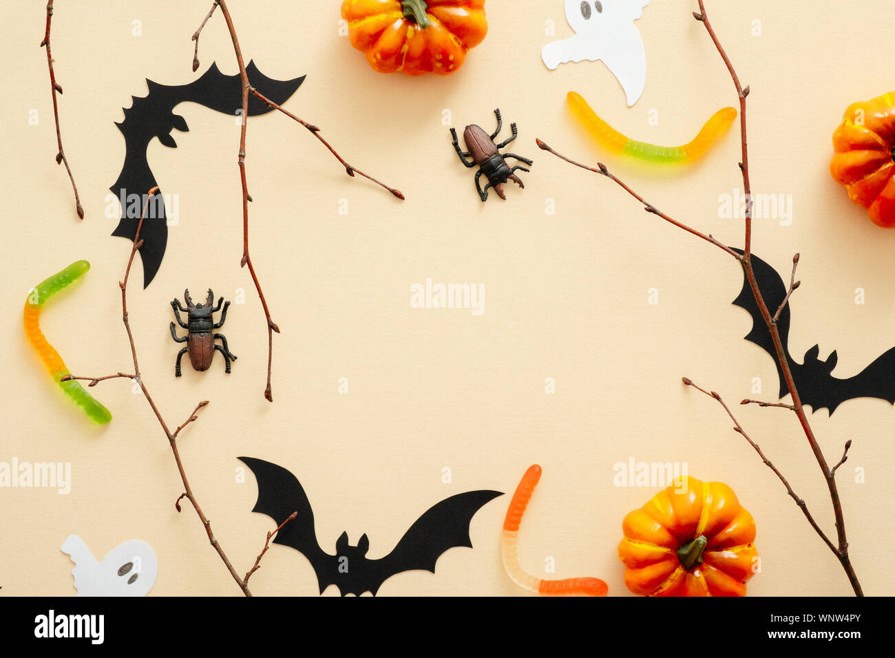 Happy Halloween concept. Halloween decorations, pumpkins, bats, ghosts ...