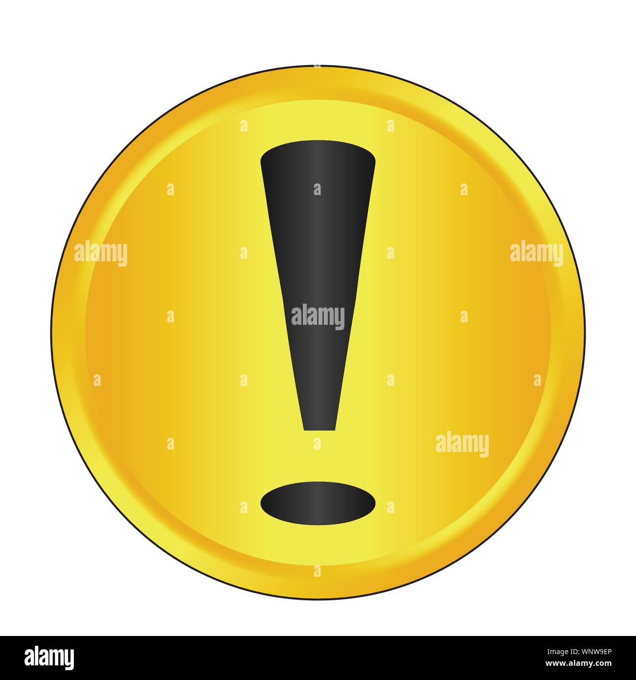A large golden exclamation mark button over a white background Stock ...