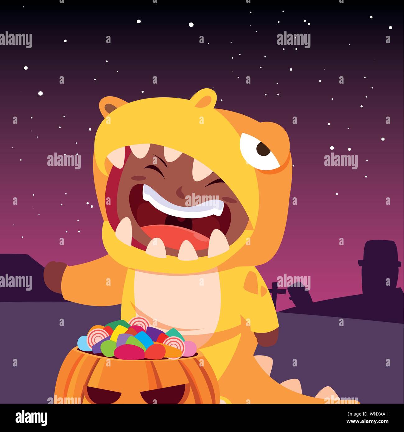 happy boy in halloween dinosaur costume vector illustration Stock ...