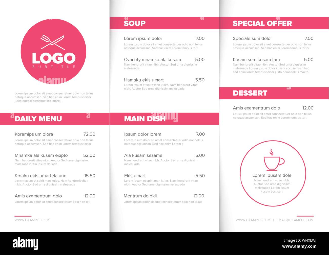Modern light minimalistic restaurant menu template with three columns ...