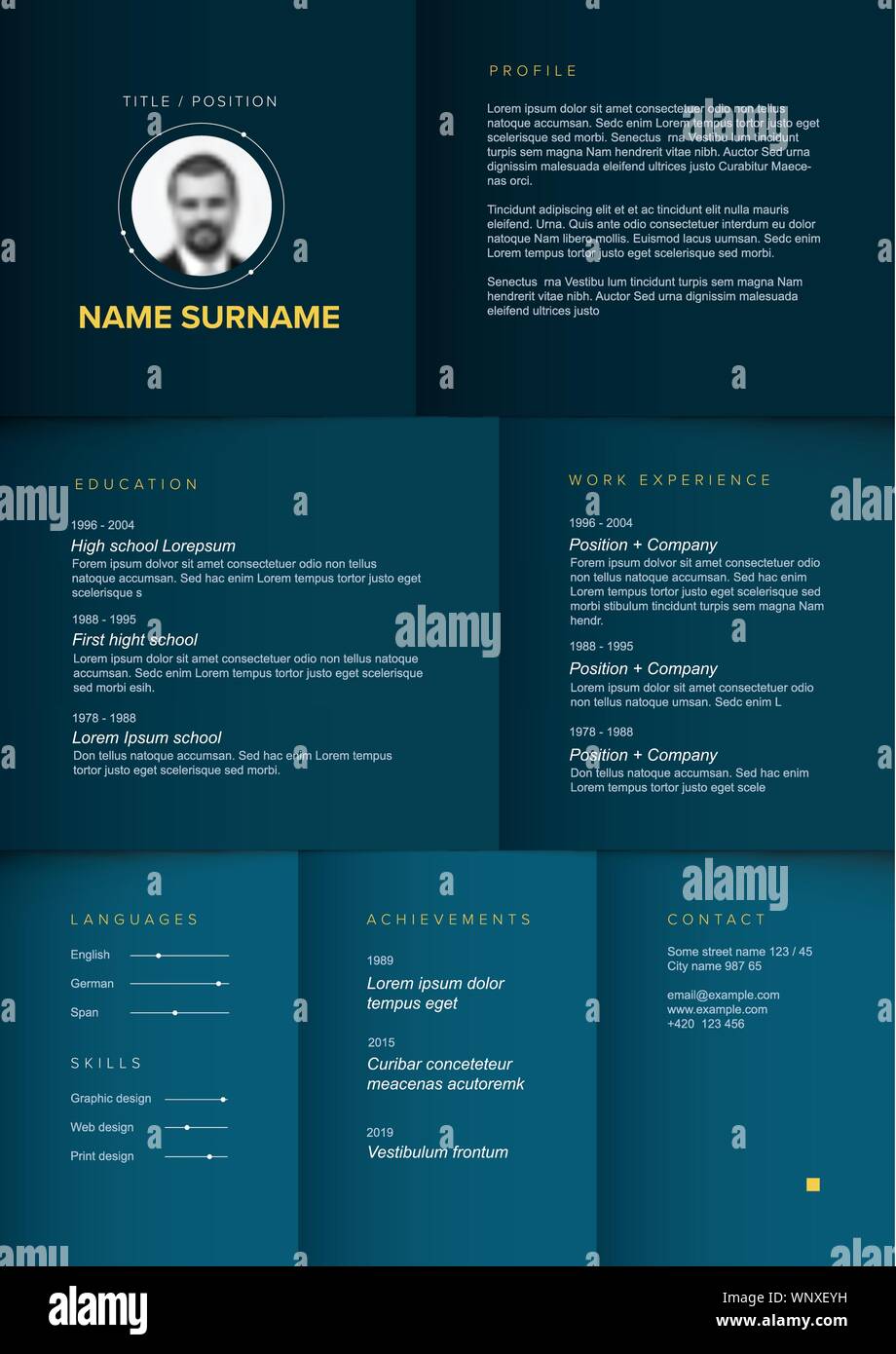 Vector dark minimalist cv / resume template with dark blue color blocks ...