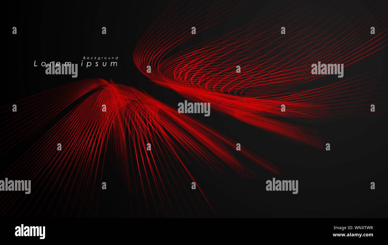 Abstract background of wavy futuristic red lines. The red line forms ...