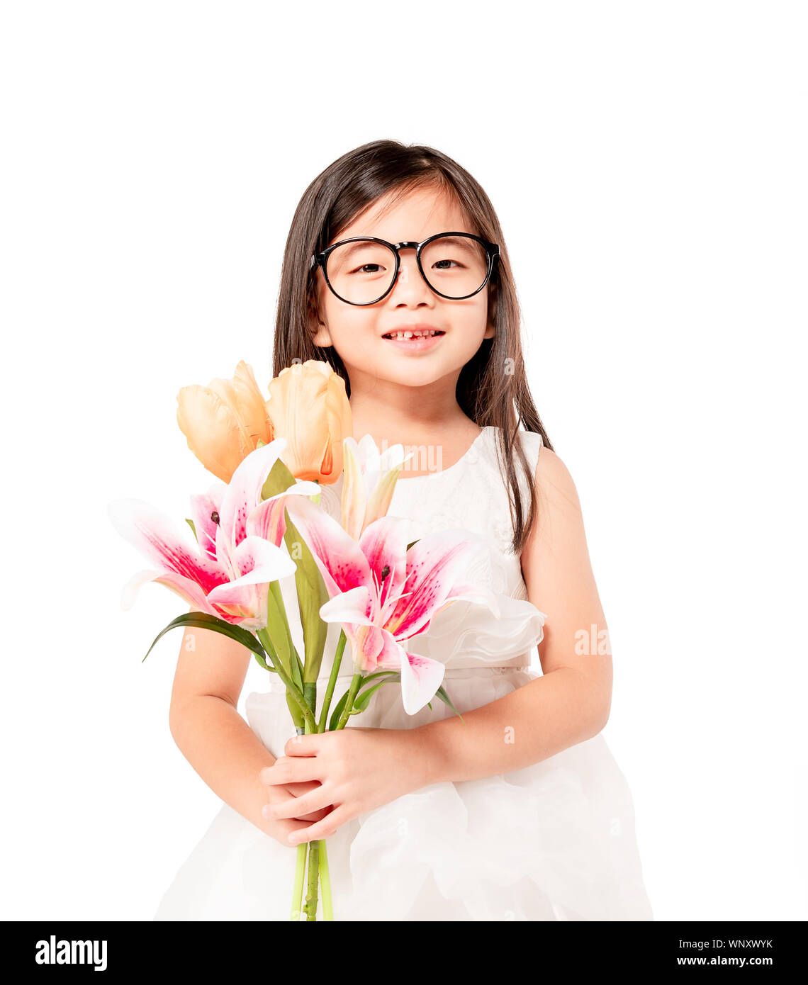 Portrait of so cute thoughtful asian child girl wear glasses eyes with ...