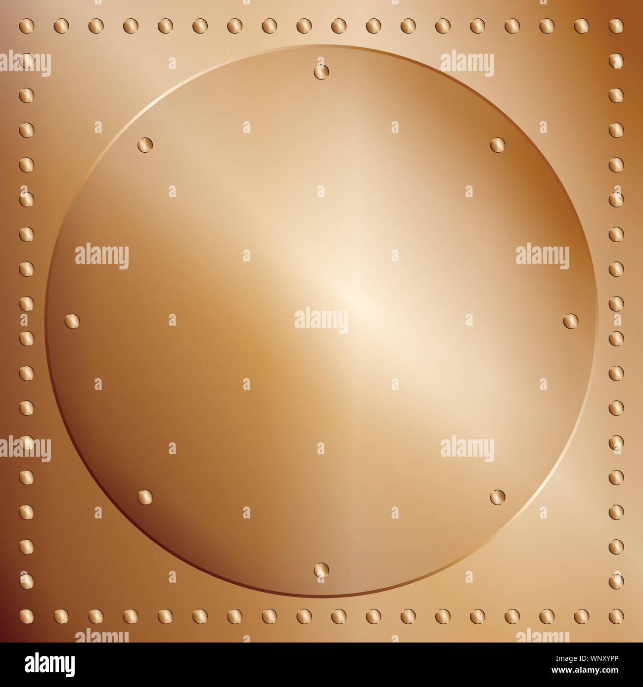 A bronze or copper plate background with a rivet border and circle of ...